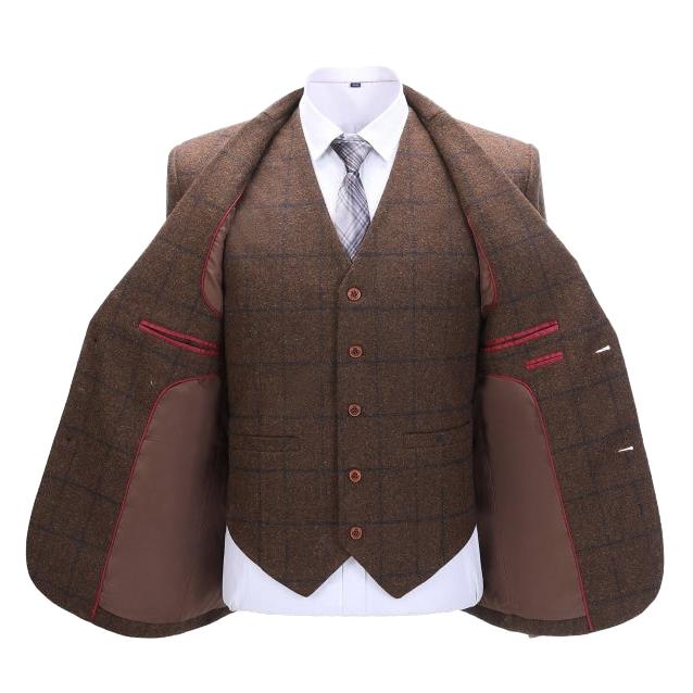 Men's Formal 3 Pieces Business Coffee Tweed Plaid Notch Lapel Suit ...
