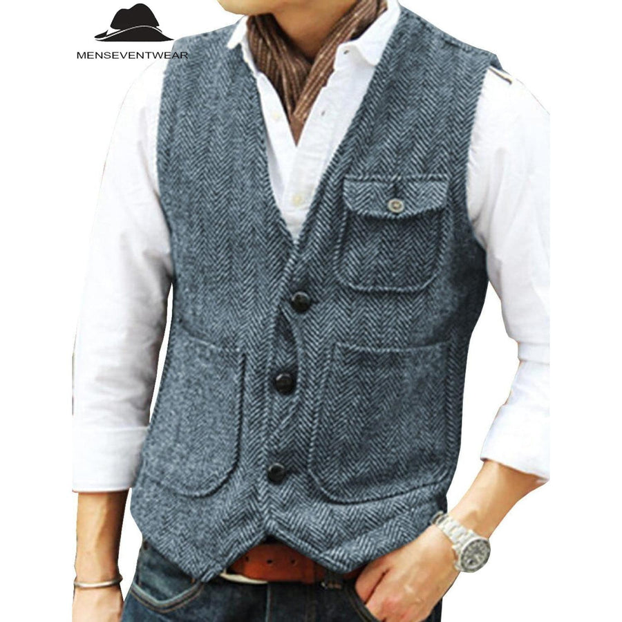 Casual Mens Classic Tweed Herringbone V Neck Waistcoat - Menseventwear ...