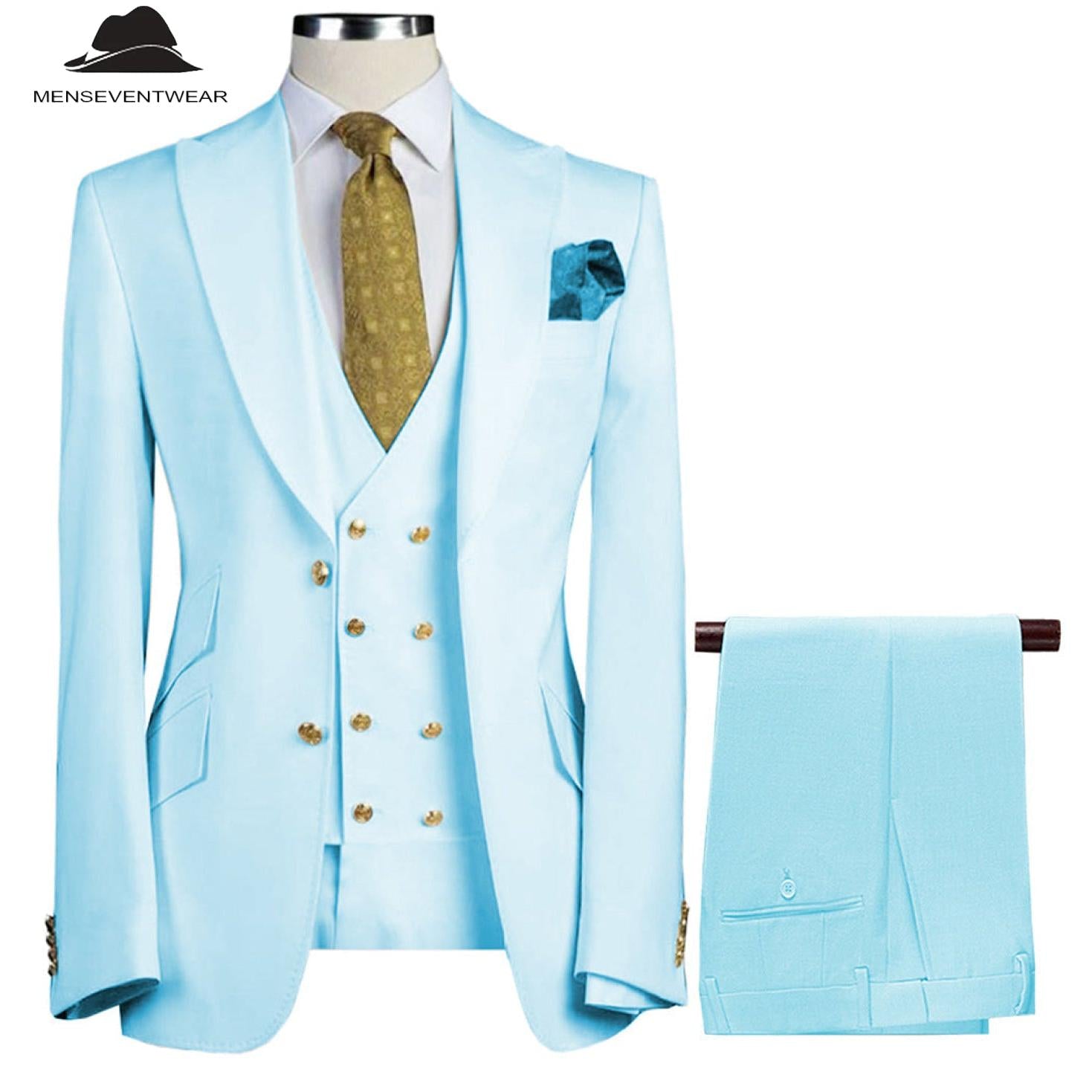 Formal Men's Suit 3 Piece Peak Lapel Solid Color Tuxedo Wedding (Blaze ...