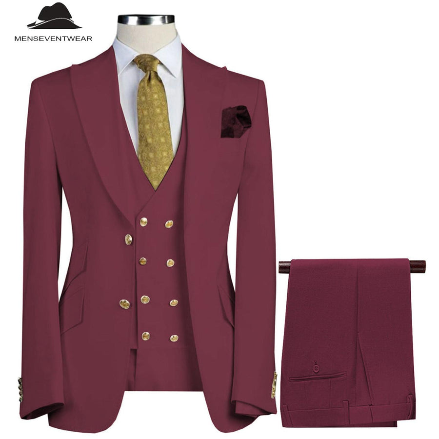 Formal Men's Suit 3 Piece Peak Lapel Solid Color Tuxedo Wedding (Blaze ...