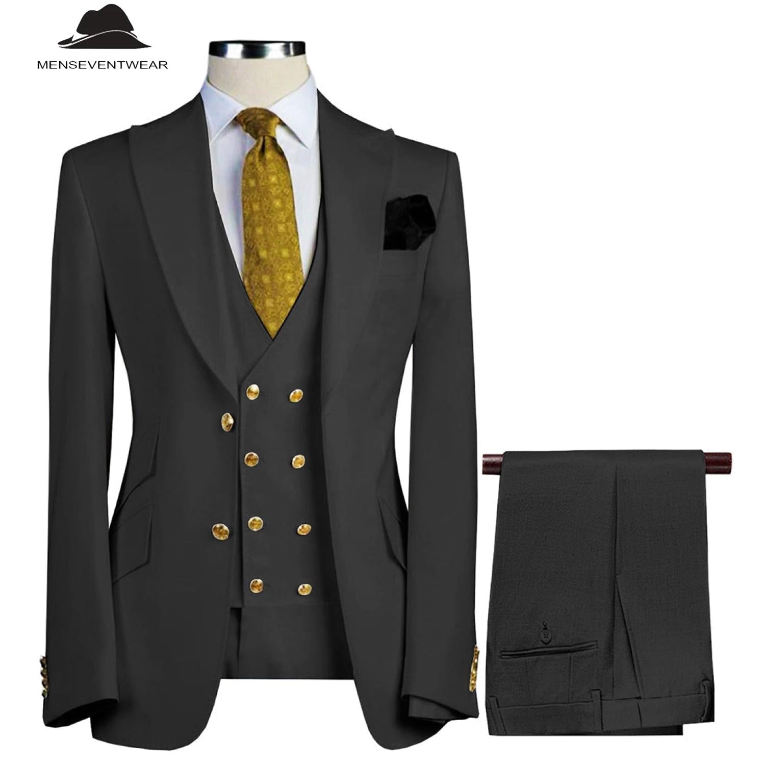Formal Men's Suit 3 Piece Peak Lapel Solid Color Tuxedo Wedding (Blaze ...