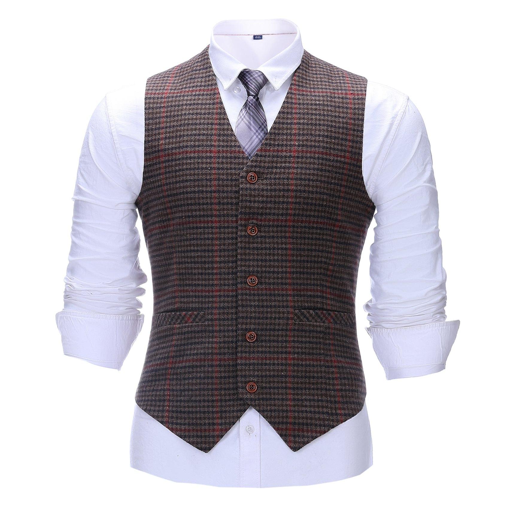 Formal Men's Suit Vest Coffee Plaid V Neck Waistcoat - Menseventwear ...