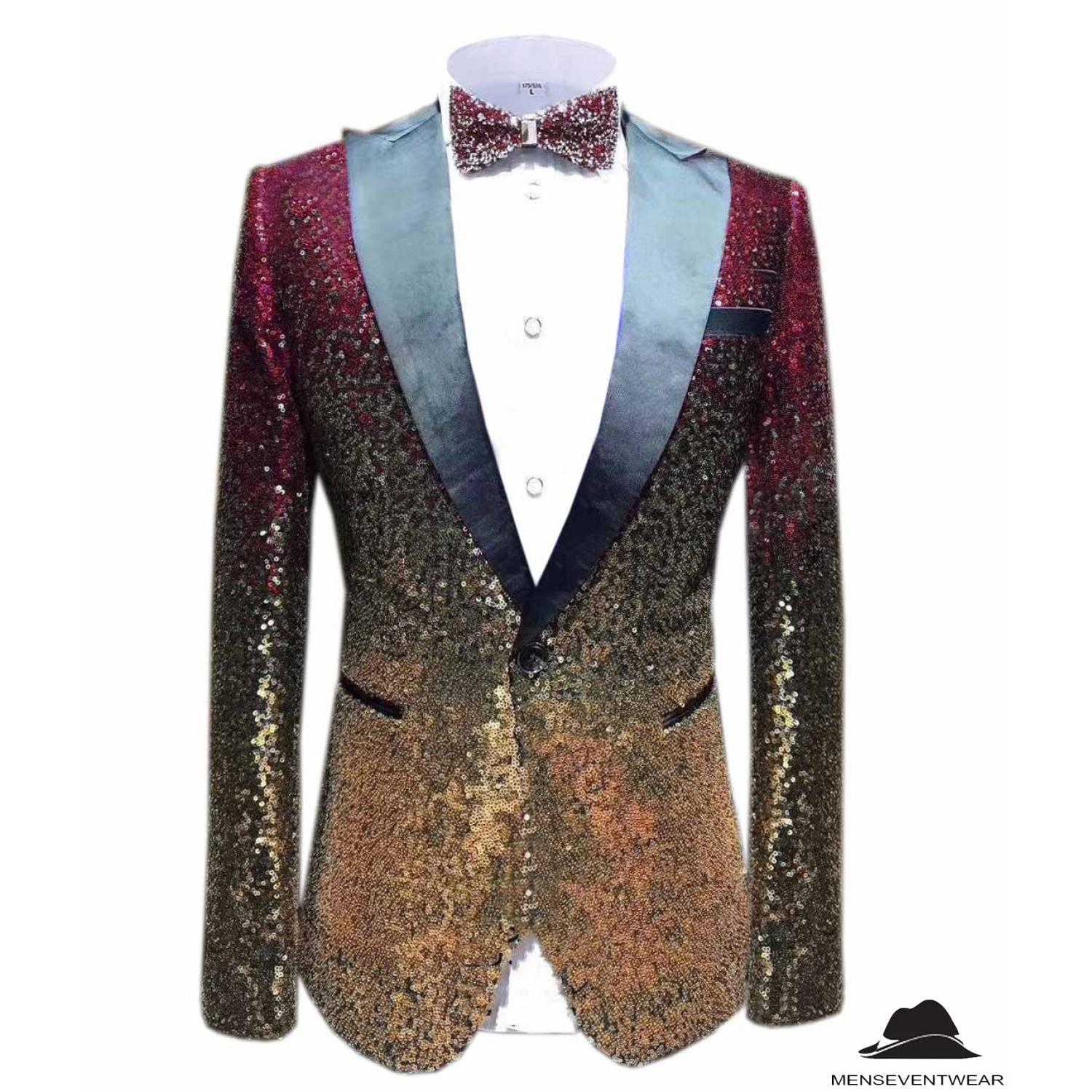 Men Fashion Gradual Change Color Sequins Tuxedos Suit Peak Lapel Blaze ...