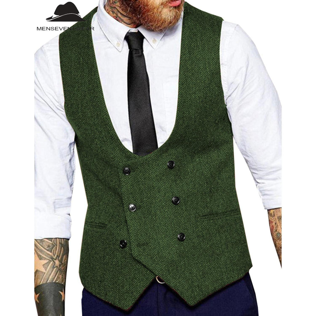 Men's Casual Double Breasted Tweed Herringbone U Neck Waistcoat ...