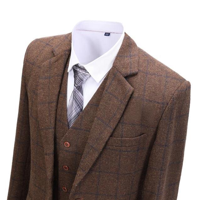 Men's Formal 3 Pieces Business Coffee Tweed Plaid Notch Lapel Suit ...