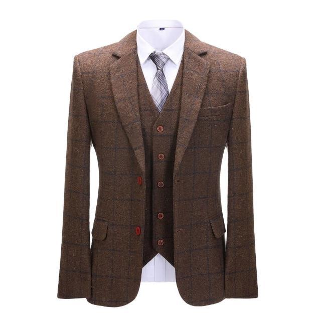 Men's Formal 3 Pieces Business Coffee Tweed Plaid Notch Lapel Suit ...